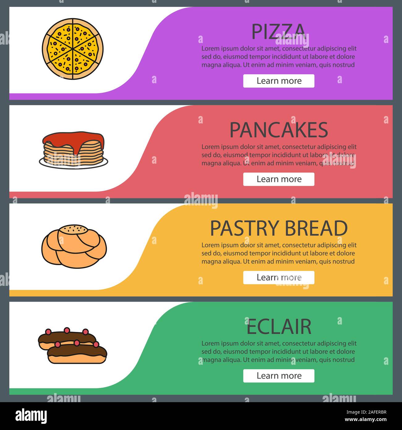 Bakery web banner templates set. Pizza, pancakes, pastry bread, eclair ...