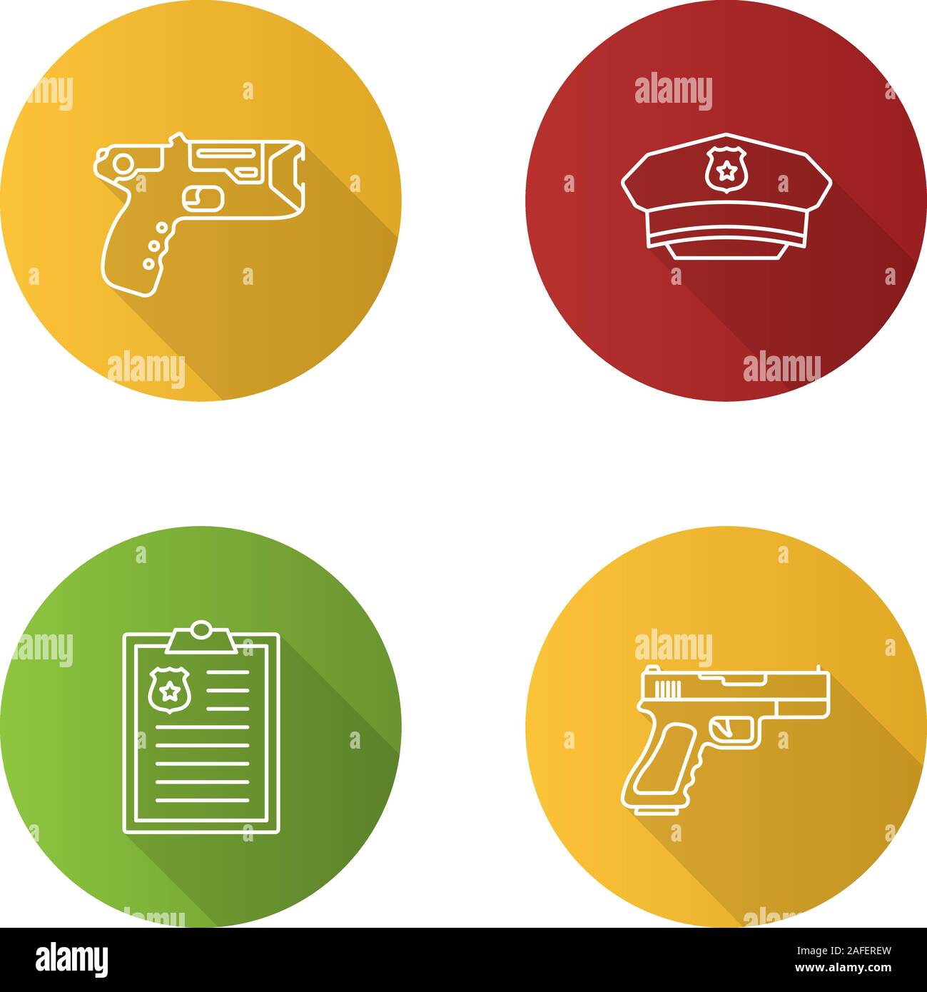 Police flat linear long shadow icons set. Taser, hat, police report ...