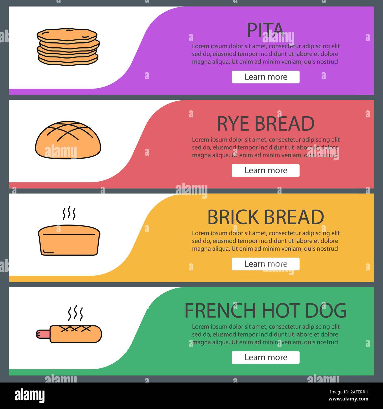 Bakery web banner templates set. Pita, rye bread, brick loaf, french ...
