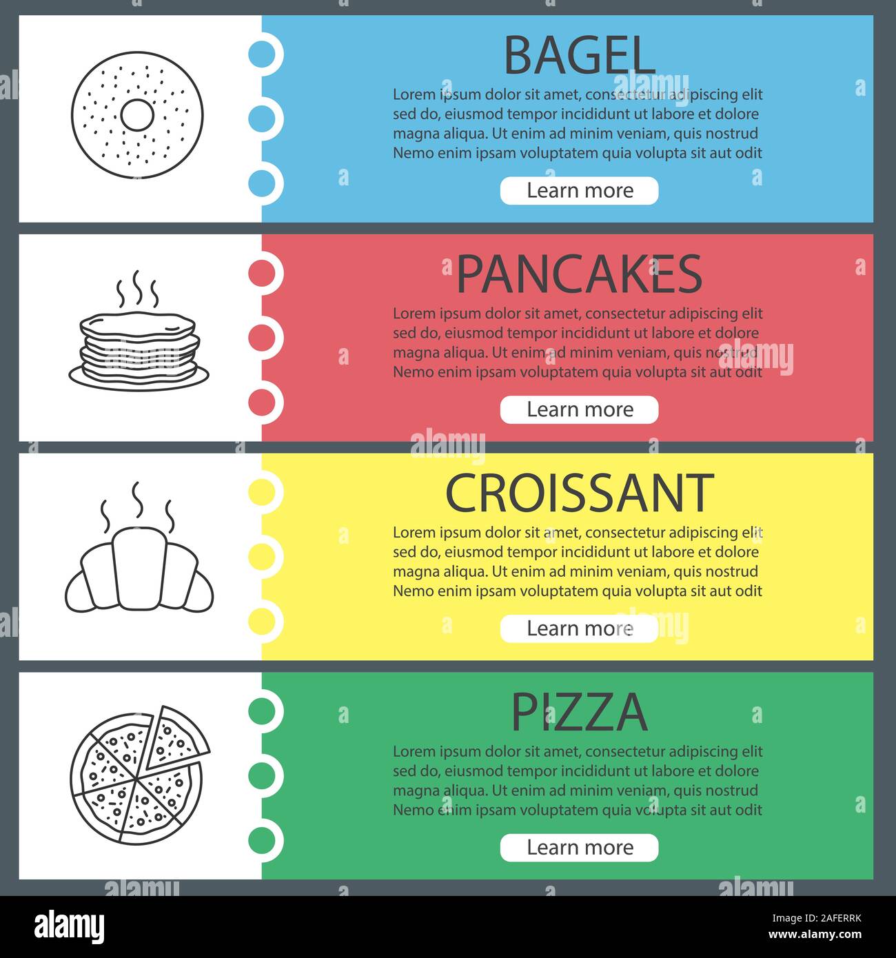 Bakery web banner templates set. Bagel, pancakes, croissant, sliced ...