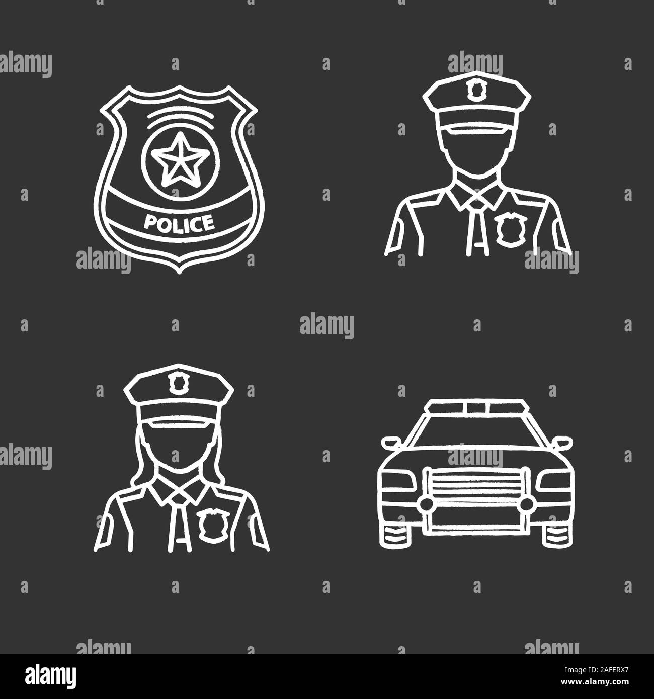 Police chalk icons set. Policeman and policewoman, car, badge. Isolated ...