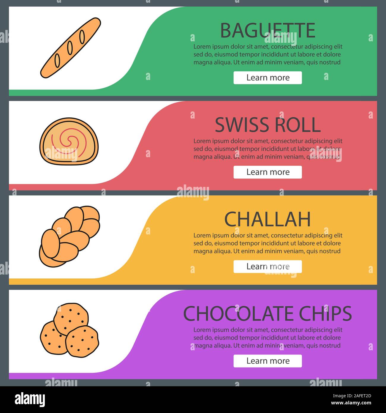 Bakery web banner templates set. Baguette, swiss roll, challah ...