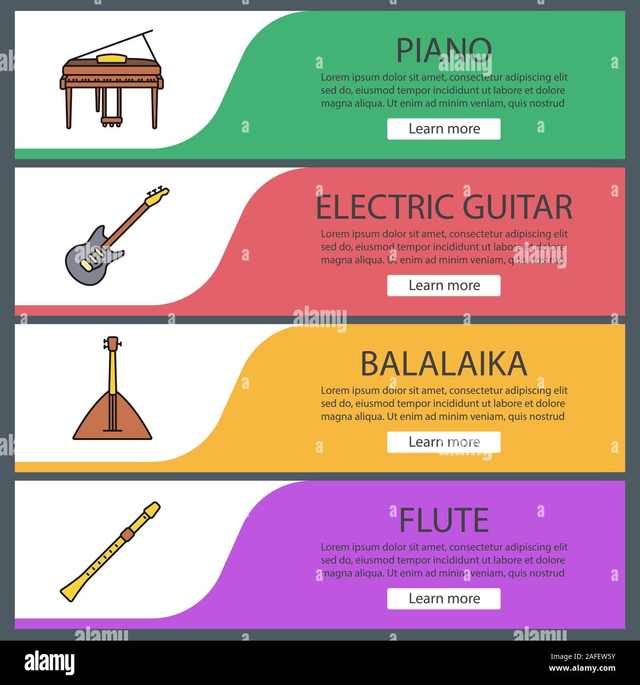 Musical instruments web banner templates set. Piano, electric guitar ...