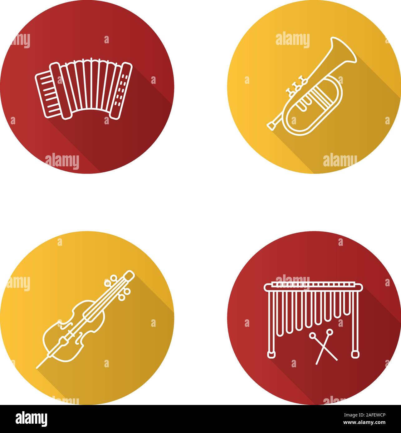 Musical Instruments Flat Linear Long Shadow Icons Set Accordion Violoncello Marimba