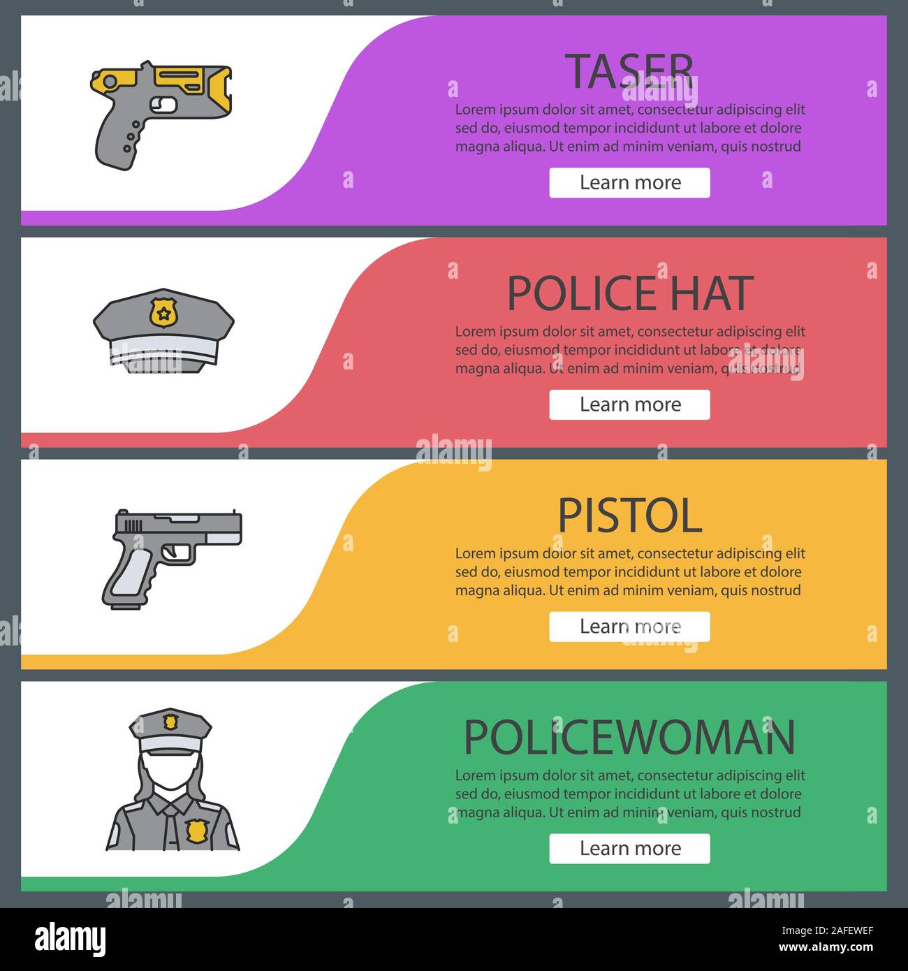 Police web banner templates set. Taser, cop hat, gun, policewoman ...