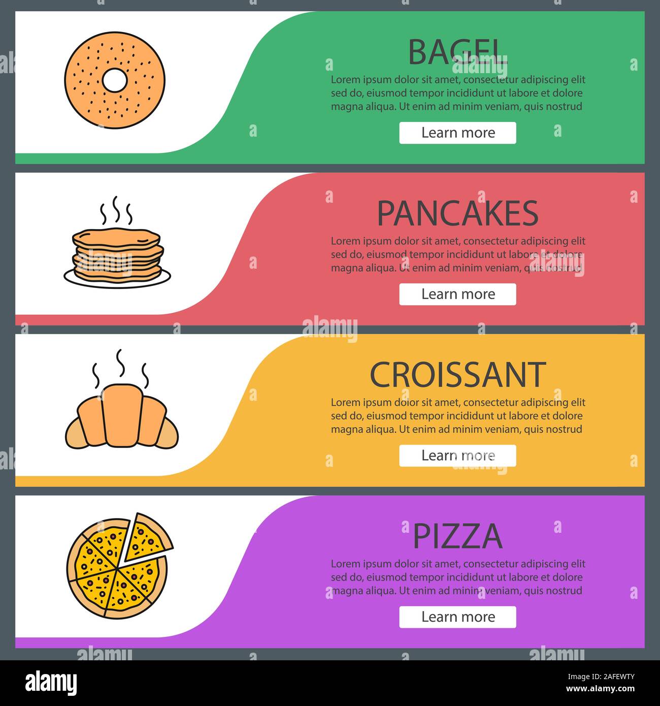 Bakery web banner templates set. Bagel, pancakes, croissant, sliced ...