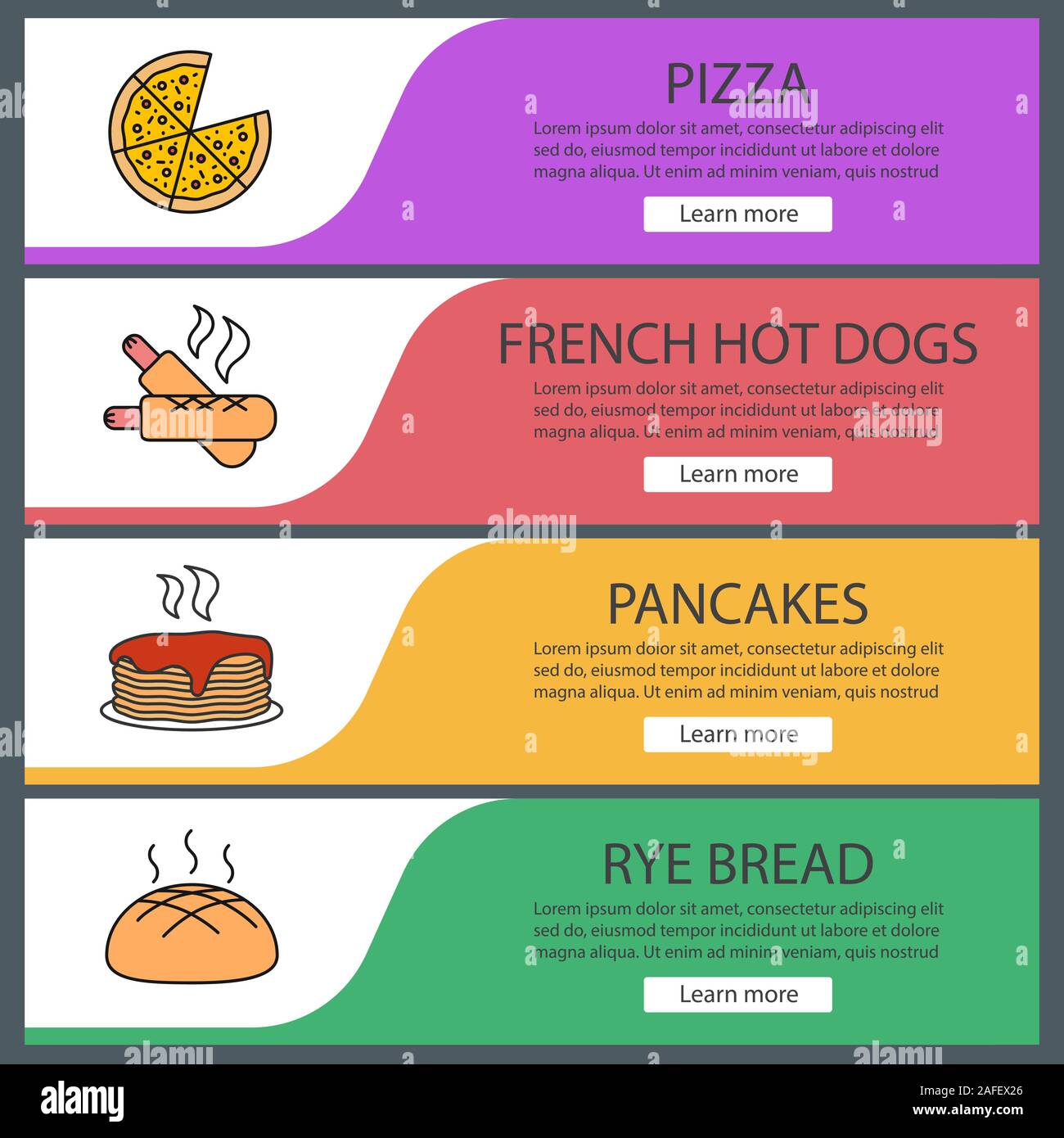 Bakery web banner templates set. Pizza, french hot dogs, pancakes stack ...