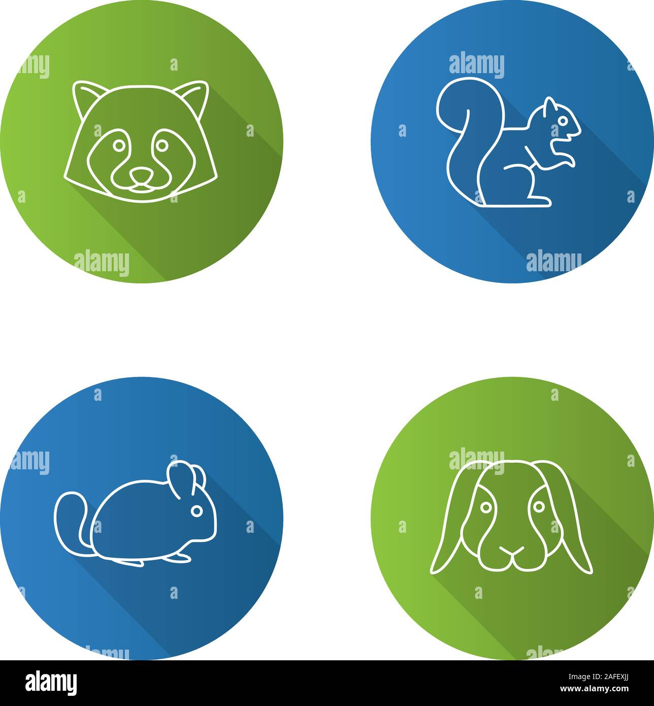 Pets flat linear long shadow icons set. Raccoon, squirrel, chinchilla ...