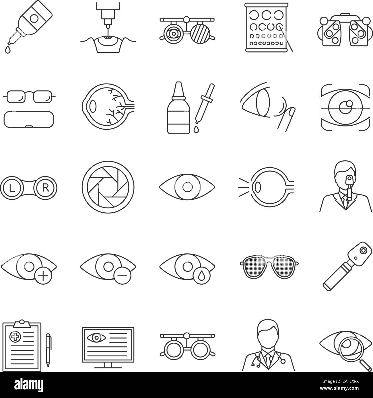 Ophtalmology linear icons set. Optometry. Vision examination and treatment equipment. Thin line ...