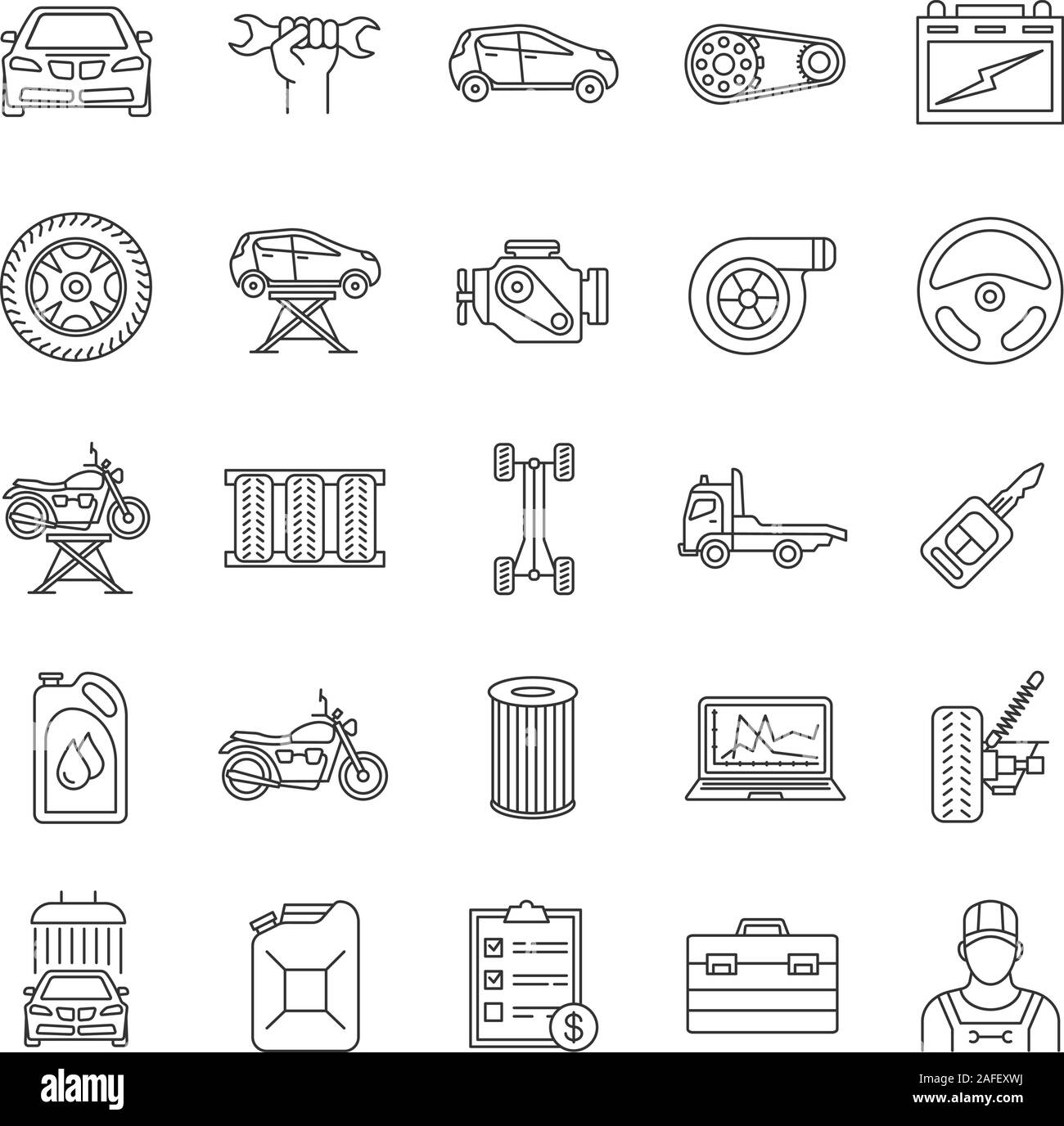 Auto workshop linear icons set. Car service. Instruments, equipment and ...