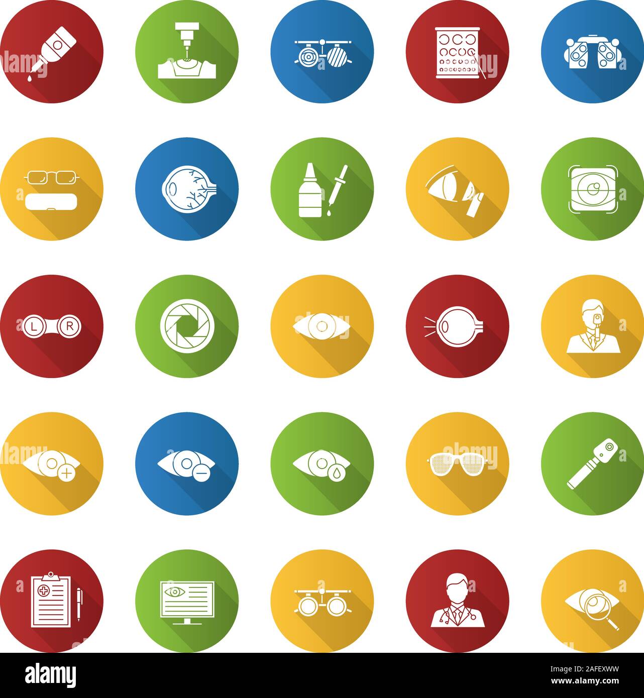 Ophtalmology flat design long shadow glyph icons set. Optometry. Vision examination and ...