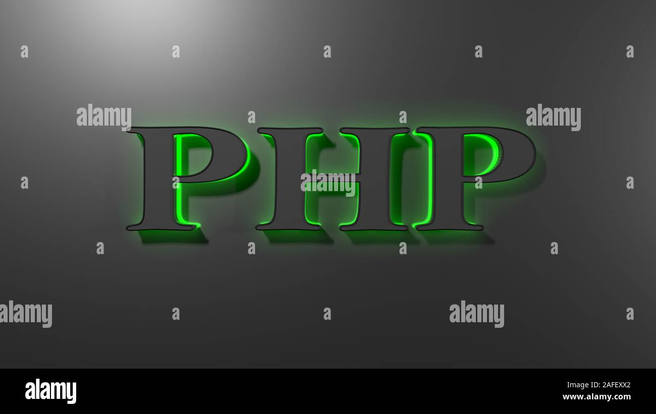 PHP black write with green backlight, on black surface - 3D rendering ...