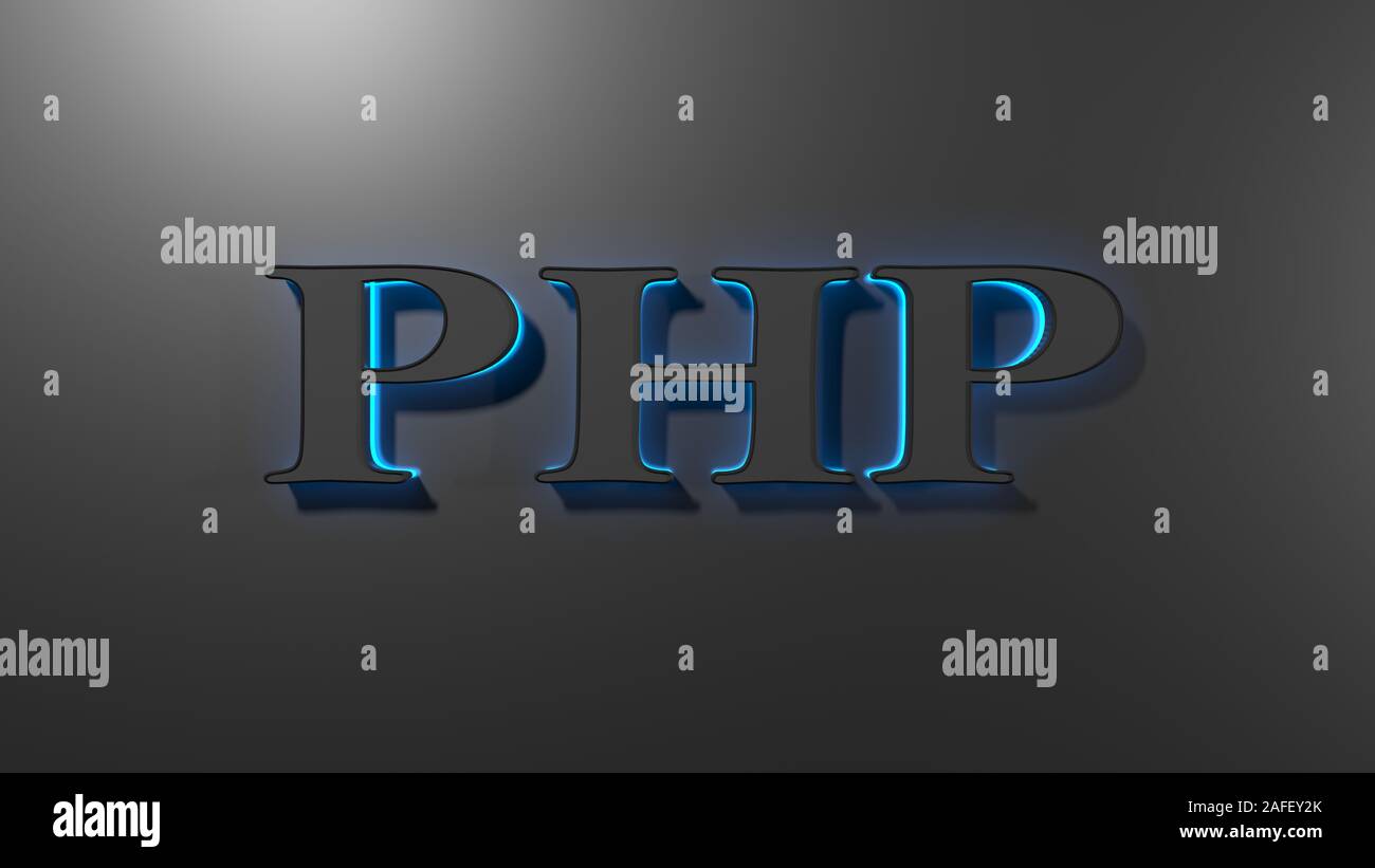 PHP black write with blue backlight, on black surface - 3D rendering ...