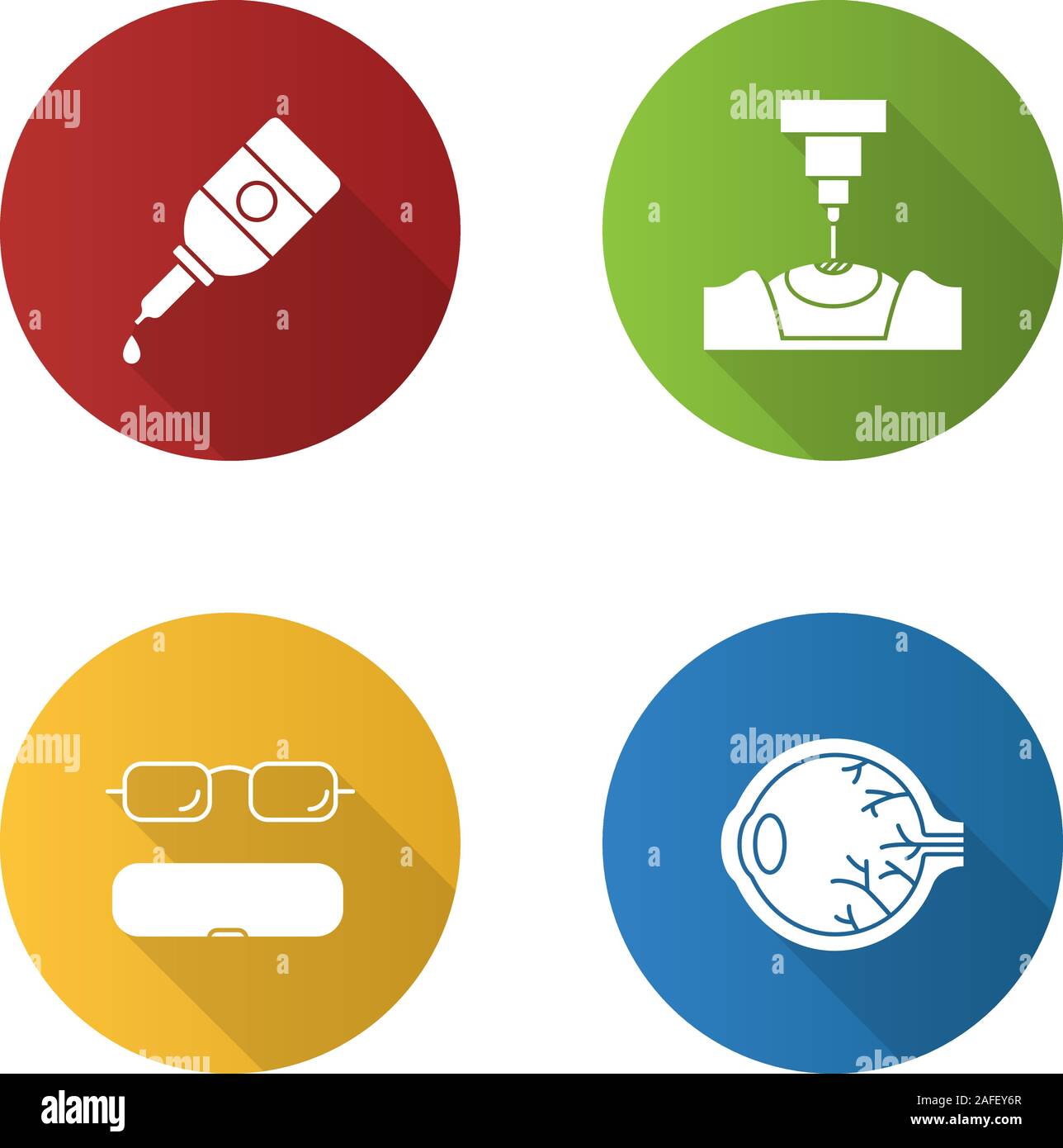 Ophthalmology flat design long shadow glyph icons set. Eye drops, laser surgery, eyeglasses case ...