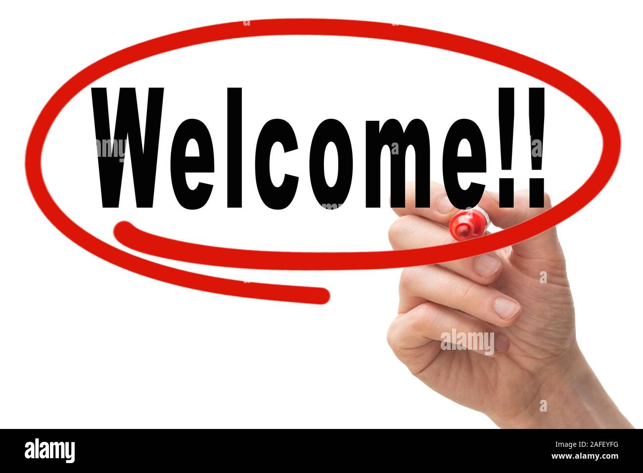 Male hand writing the word Welcome on whiteboard, highlighted with red ...