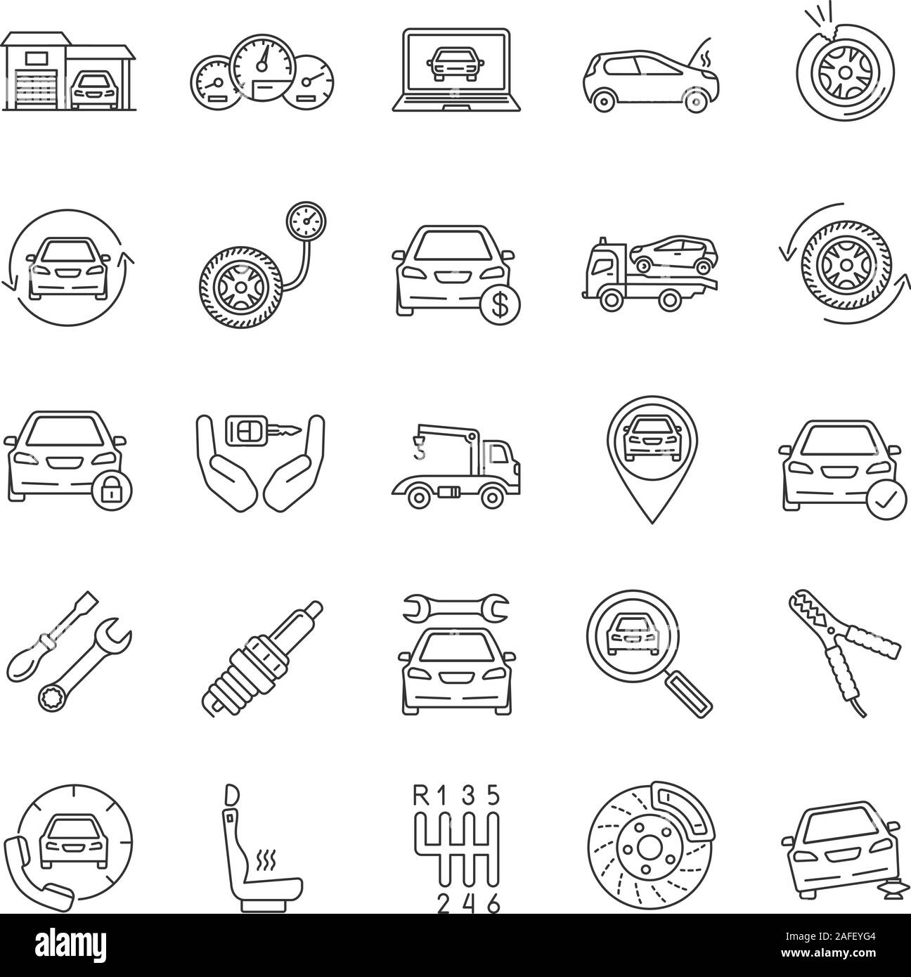 Auto workshop linear icons set. Car service. Instruments, equipment and ...