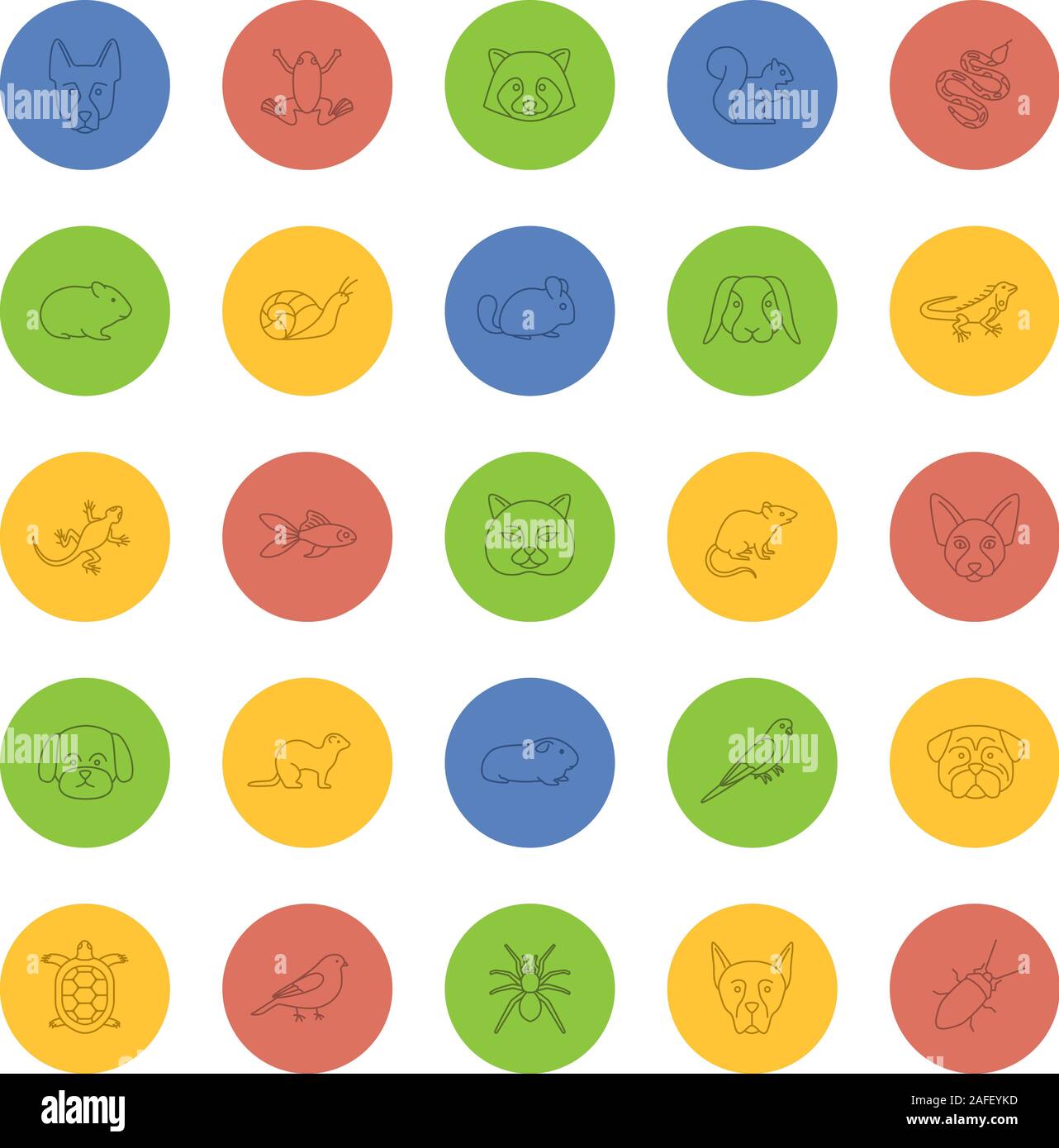 Pets linear icons set. Exotic animals. Rodents, birds, reptiles ...