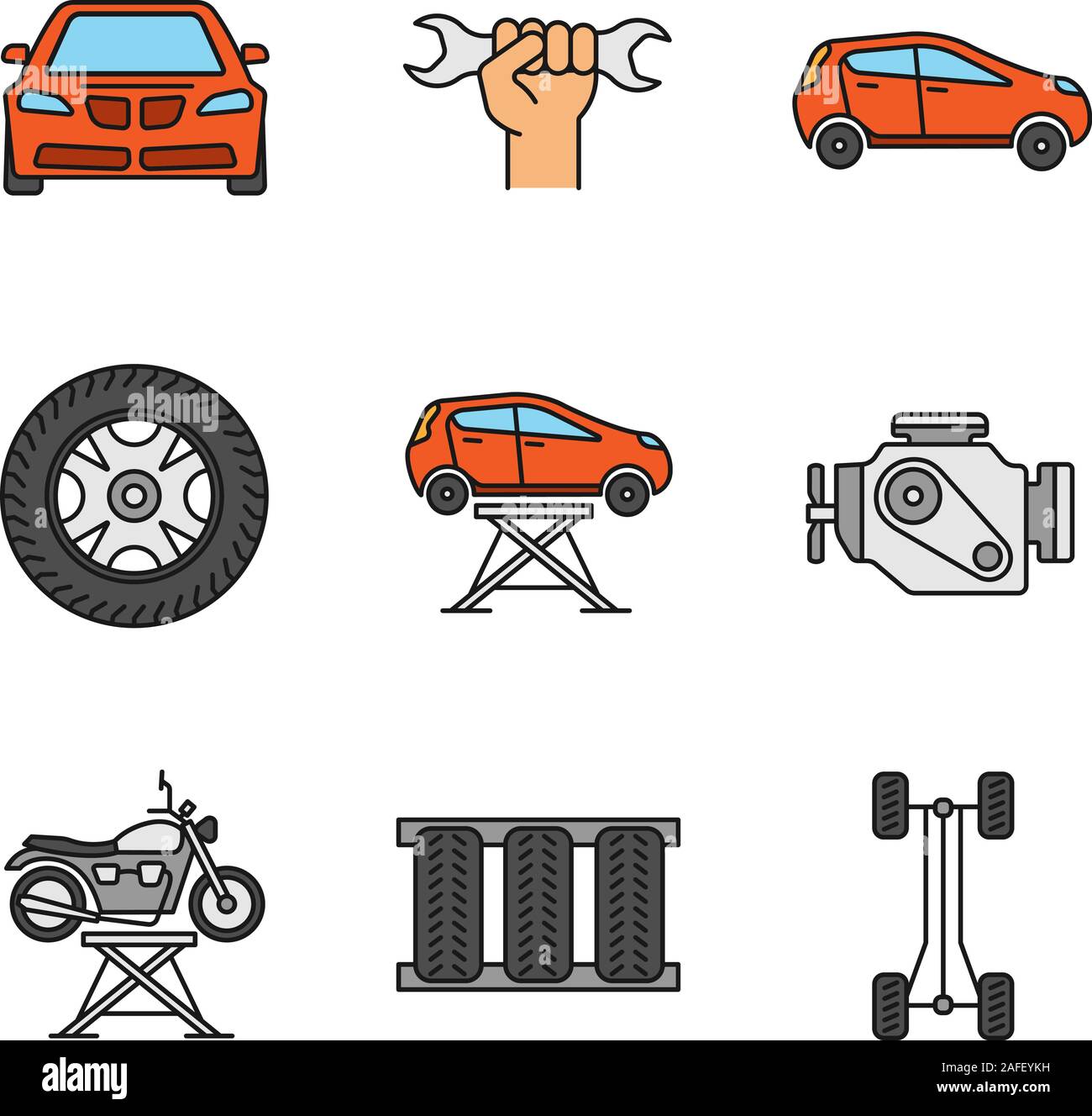 Auto workshop color icons set. Spanner in hand, tire and rim, car, auto ...
