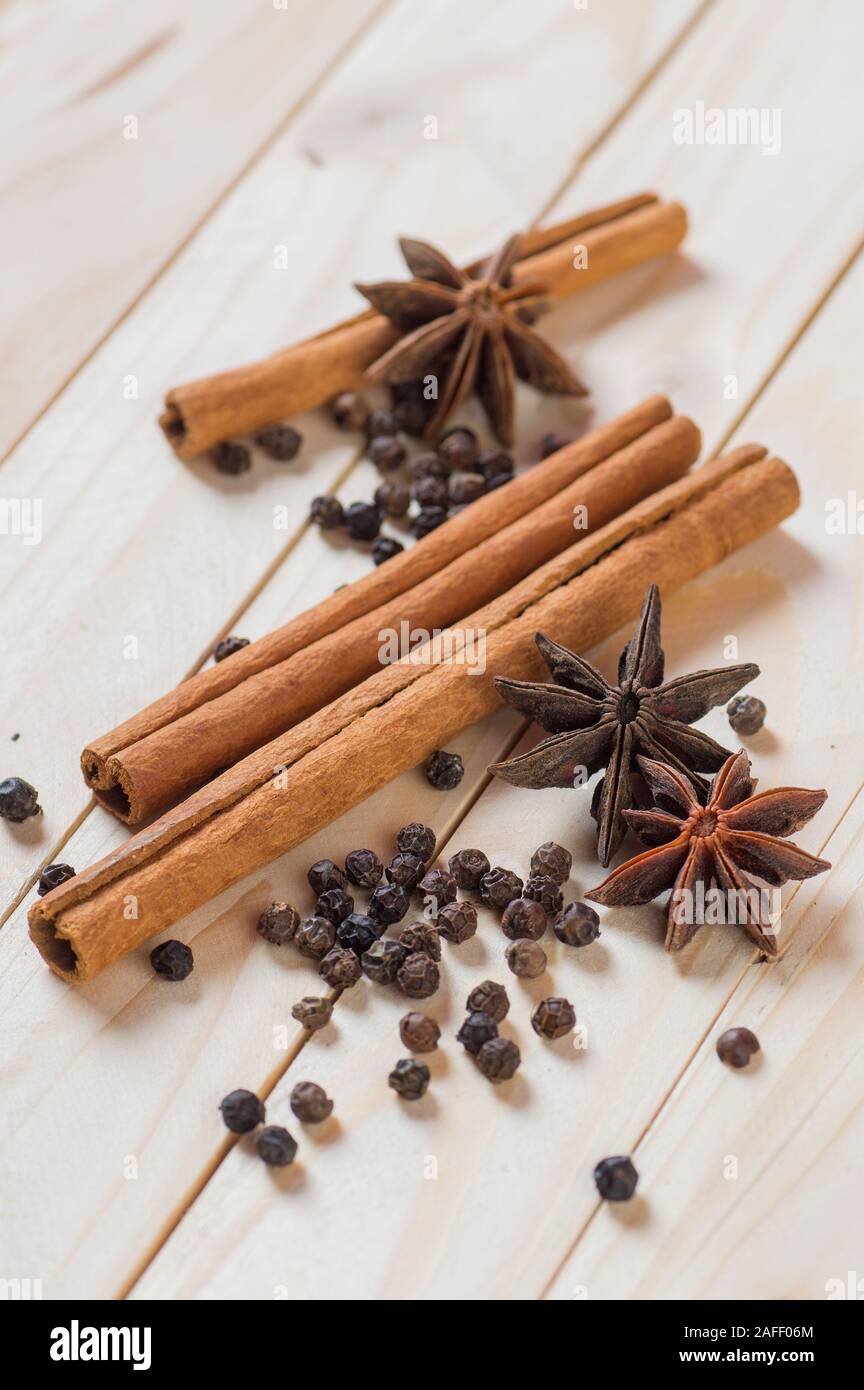Spices and herbs. Food and cuisine ingredients. Cinnamon sticks, anise ...
