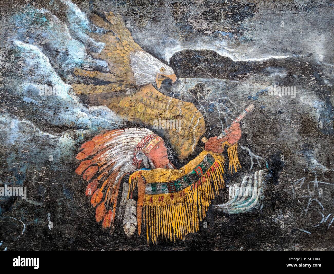 Street art depicting an eagle and native american man in Christiania in ...