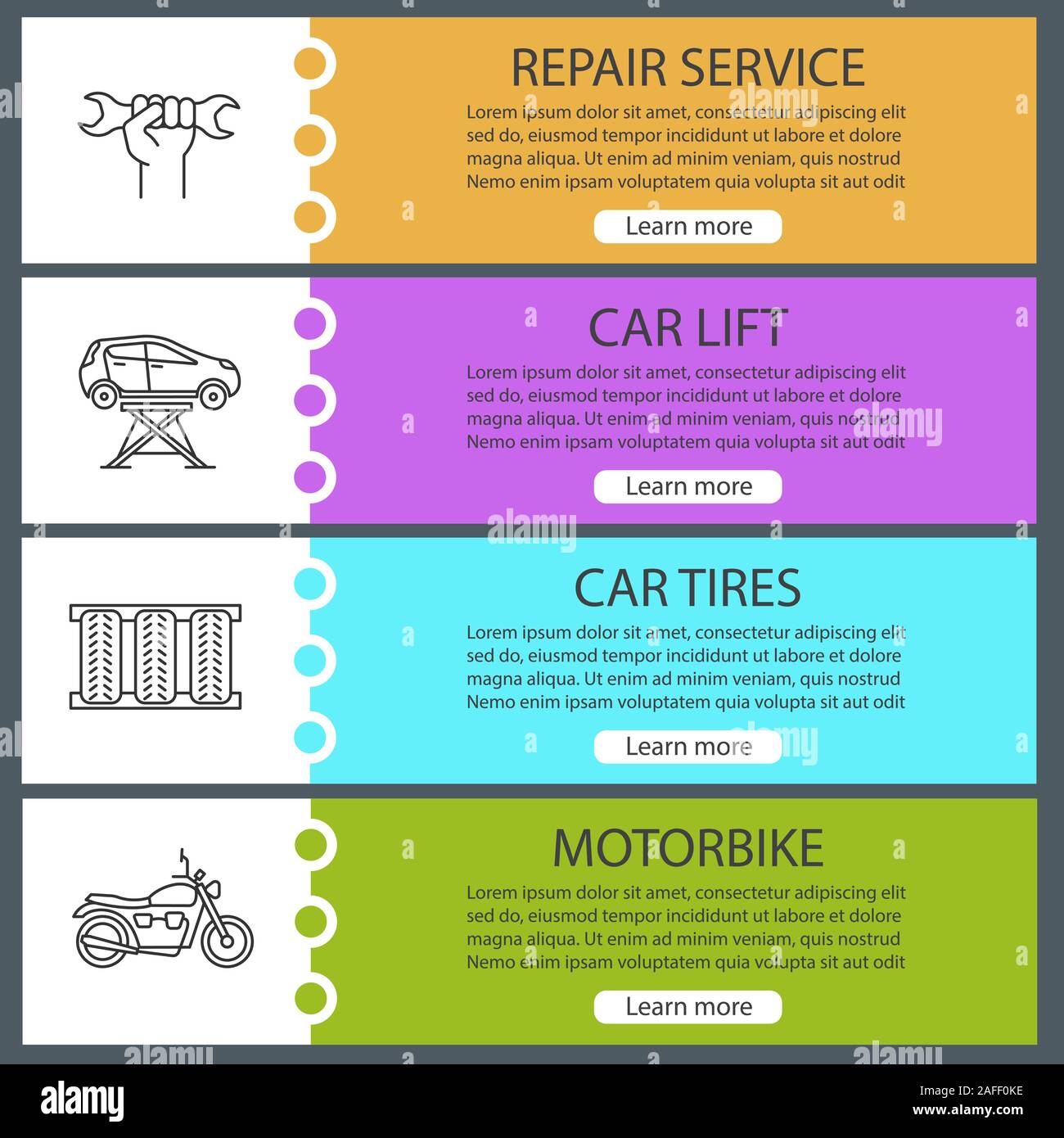 Auto workshop web banner templates set. Repair service, car lift, tires ...