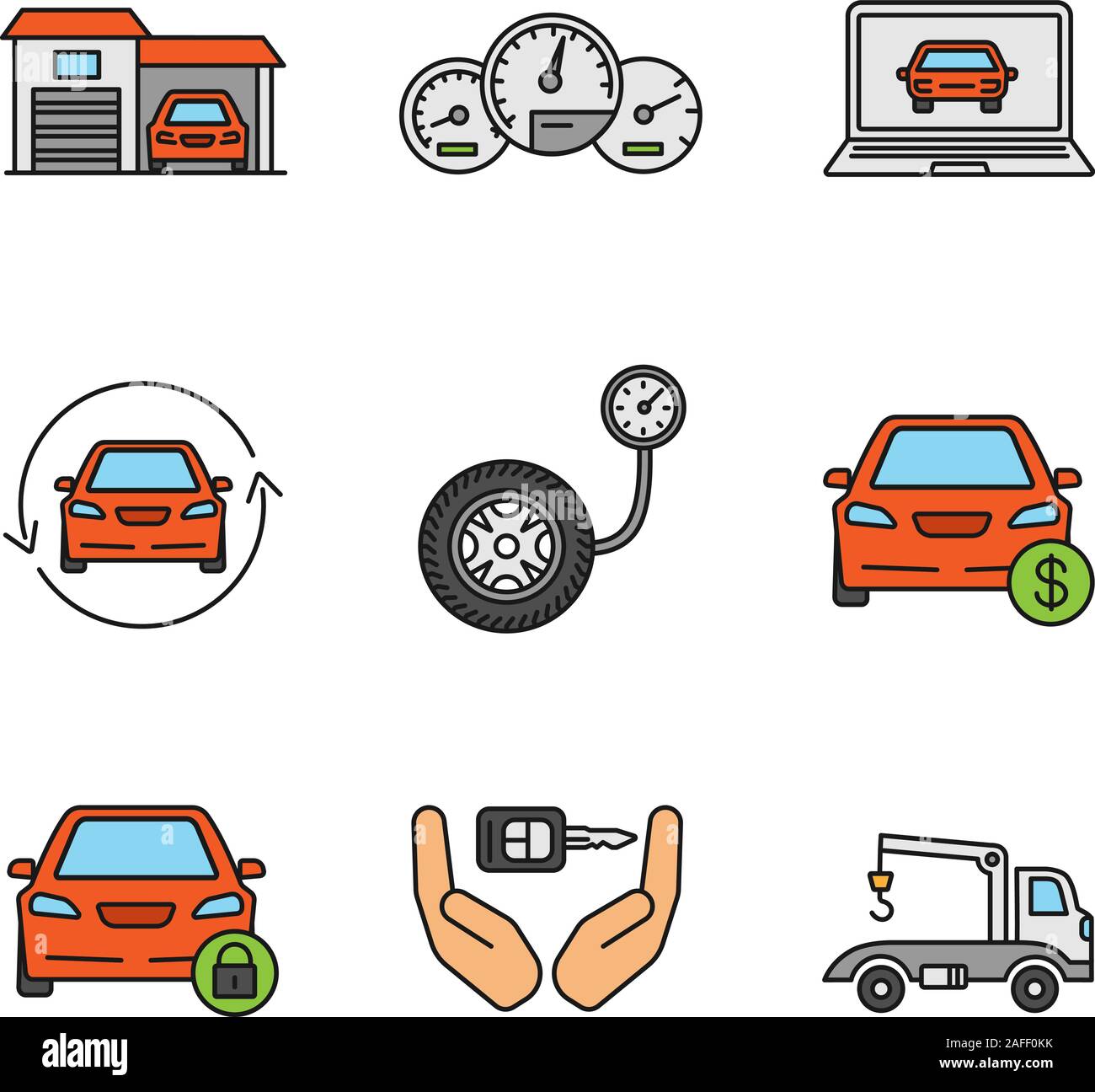 Auto workshop color icons set. Garage, dashboard, computer diagnostics ...