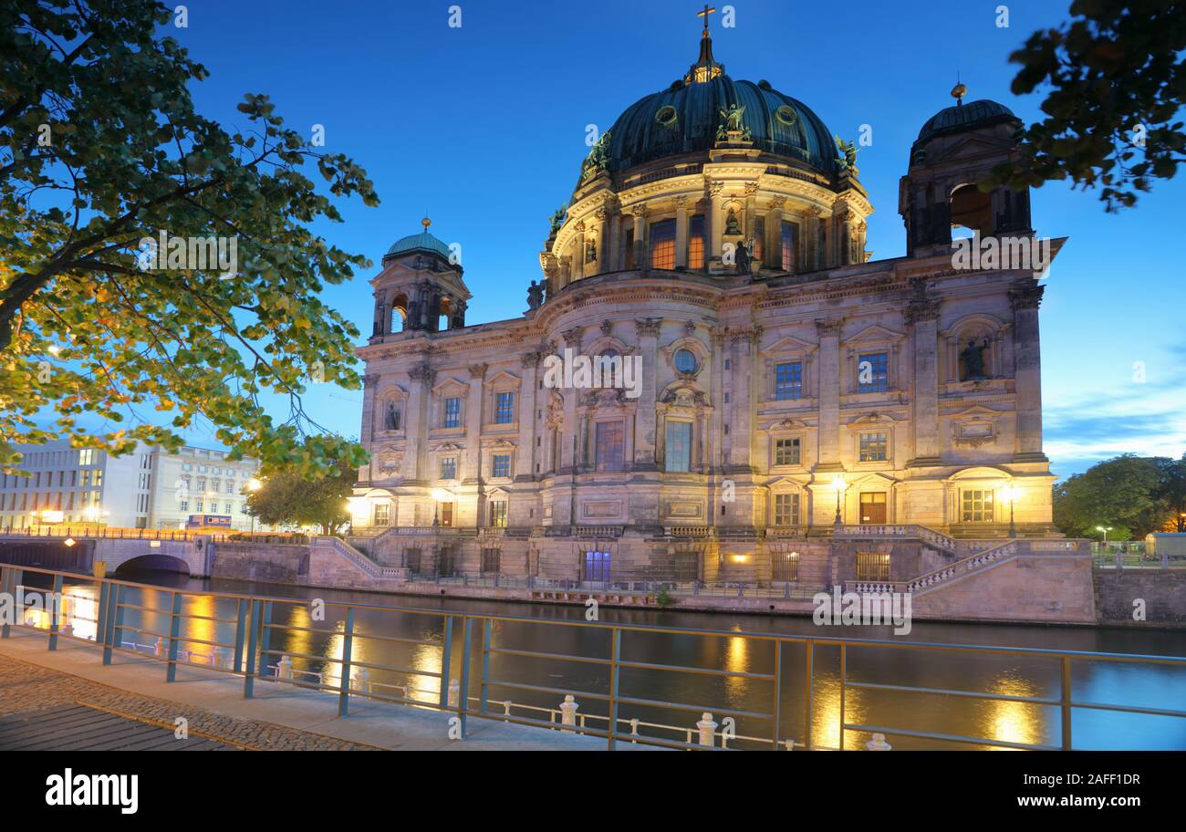 Berlin, Germany - September 11, 2018: Night view to Spree river and Berlin Cathedral. The ...