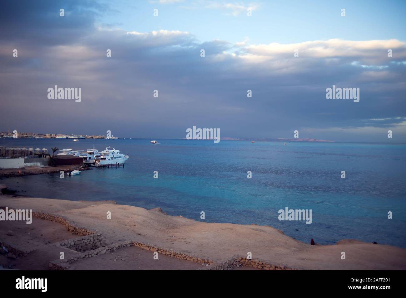 The view of Red sea with ship and cloudly sky before rain in Hurhgada ...