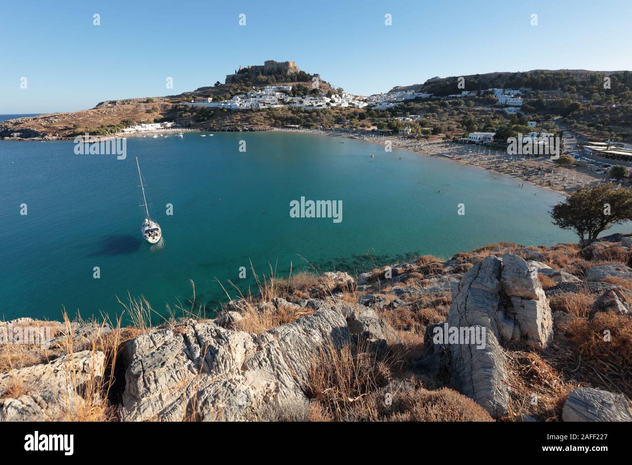 Lindos, Rhodes island, Greece - October 9, 2017: Cityscape of Lindos ...