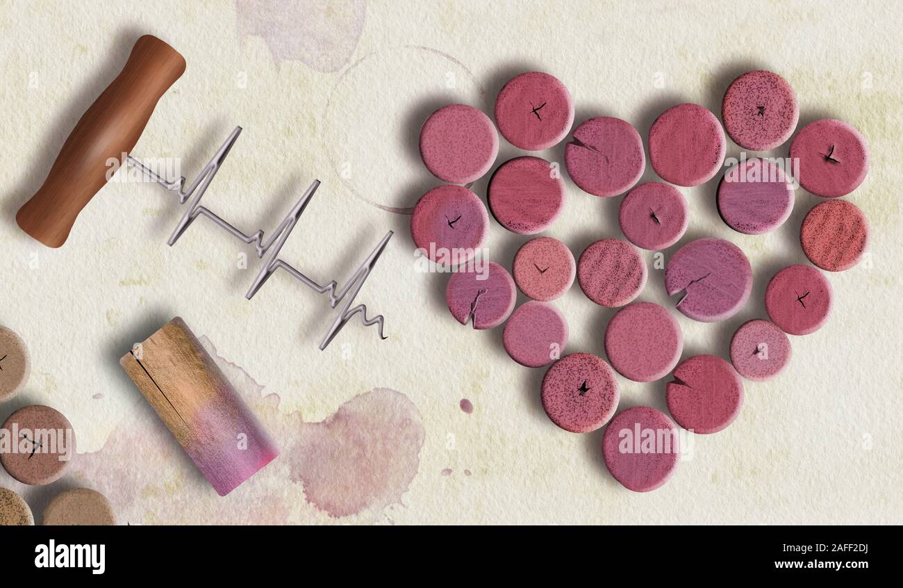 Wine corks in the shape of heart and a corkscrew with EKG graph is seen ...