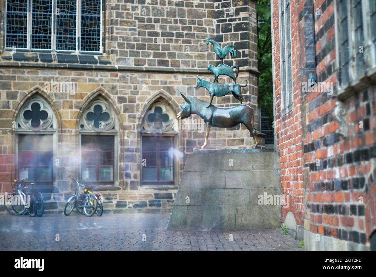 historic bronze statue of a Donkey, dog, cat and rooster in Bremen ...