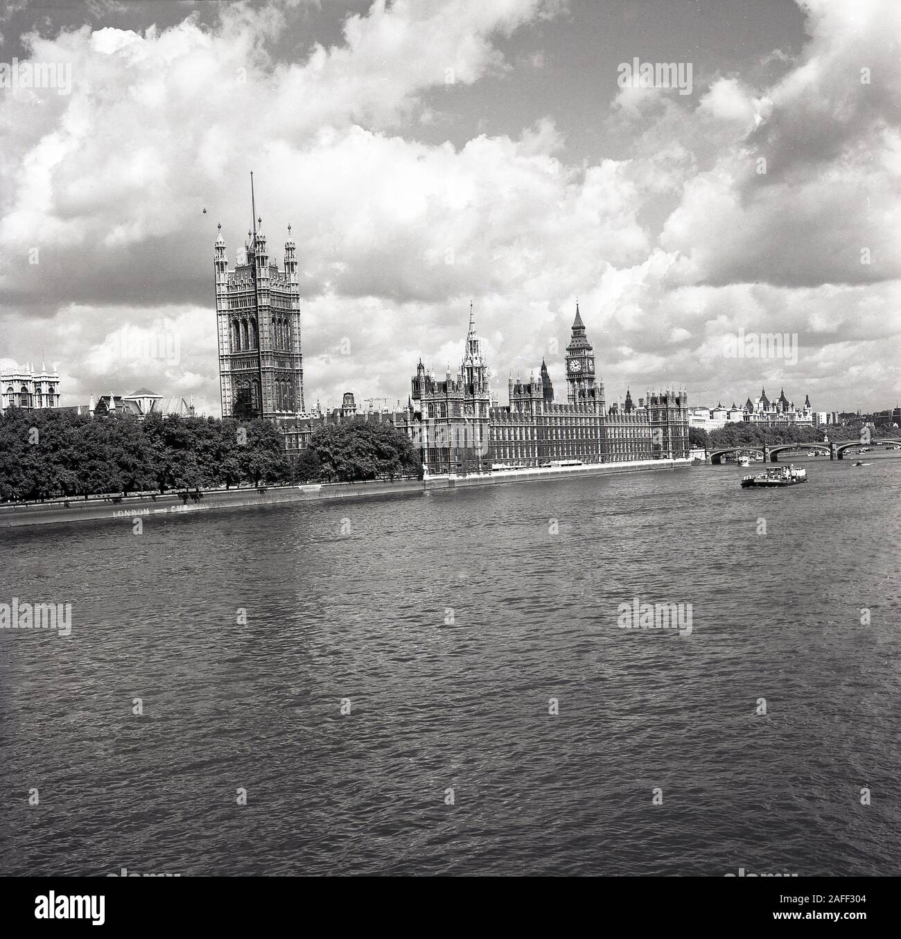 1950s, historical, a view from the South Bank across the river Thames ...