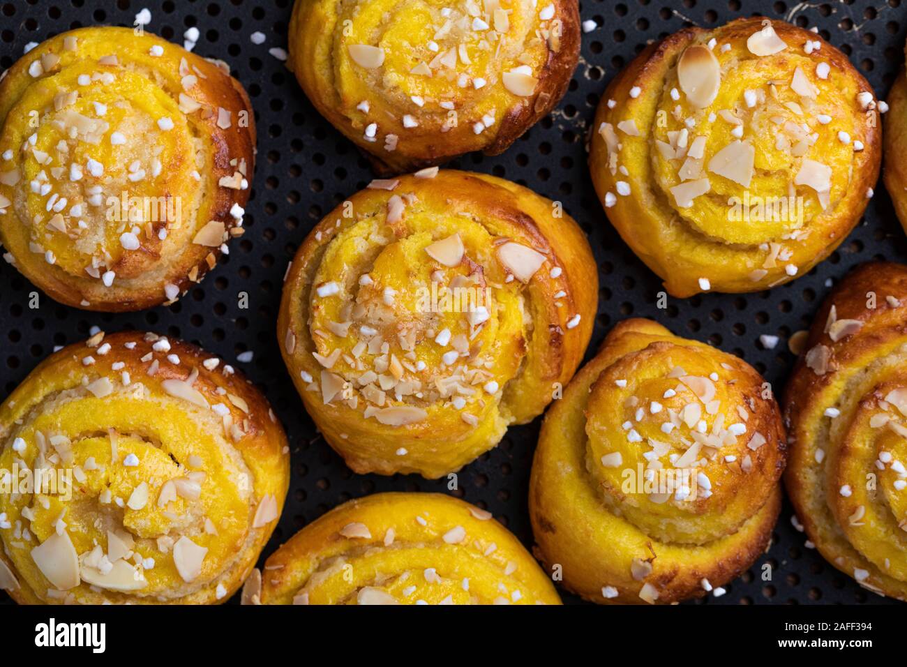 Close-up of a background of Swedish traditional christmas saffron bun ...