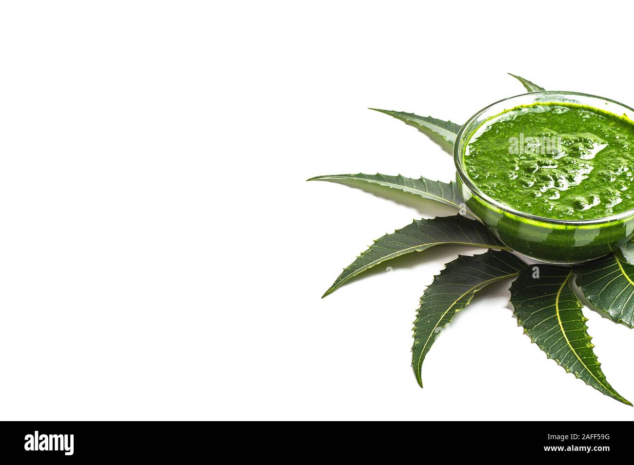 Medicinal Neem leaves with paste in bowl on white background Stock ...