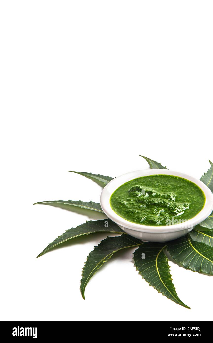 Medicinal Neem leaves with paste in bowl on white background Stock ...