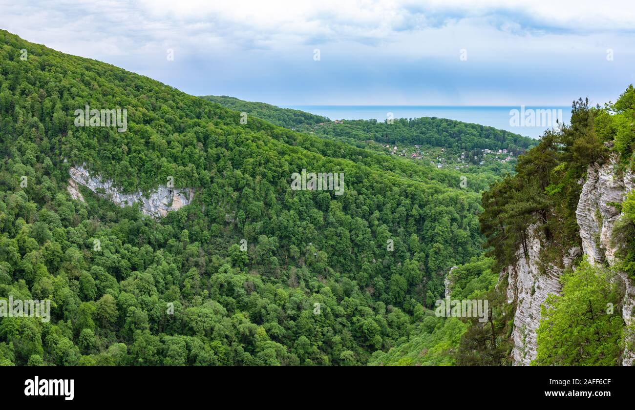 Mountain with a steep rocky slope and valley with thick green forest ...
