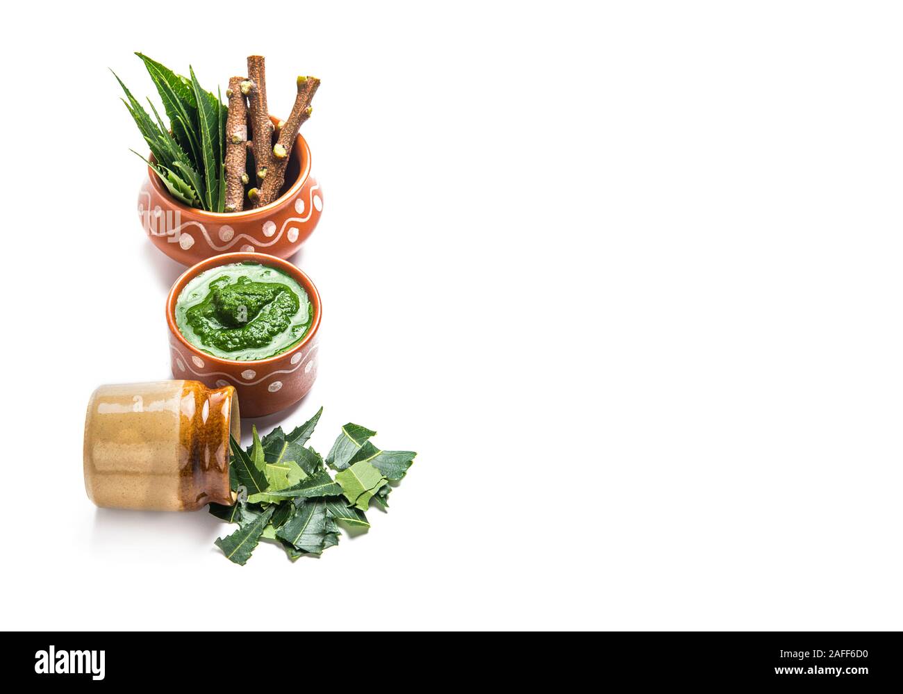 Medicinal Neem leaves with paste and twigs on white background Stock ...