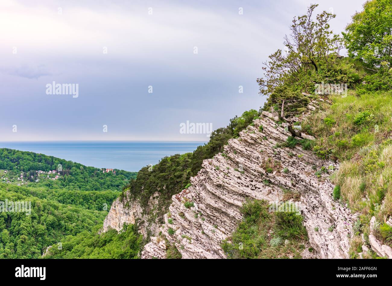 Mountain with a steep rocky slope and valley with thick green forest ...