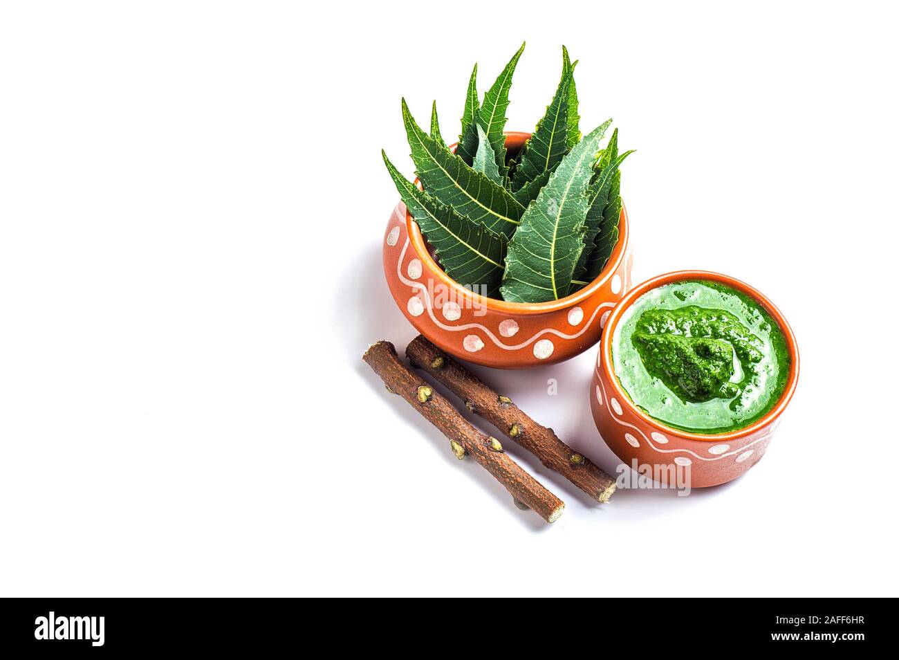 Medicinal Neem leaves with paste and twigs on white background Stock ...