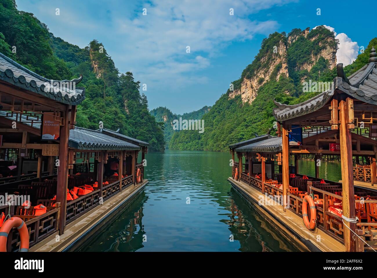 Wulingyuan, China - August 2019 : Tourist boats waiting for passengers ...