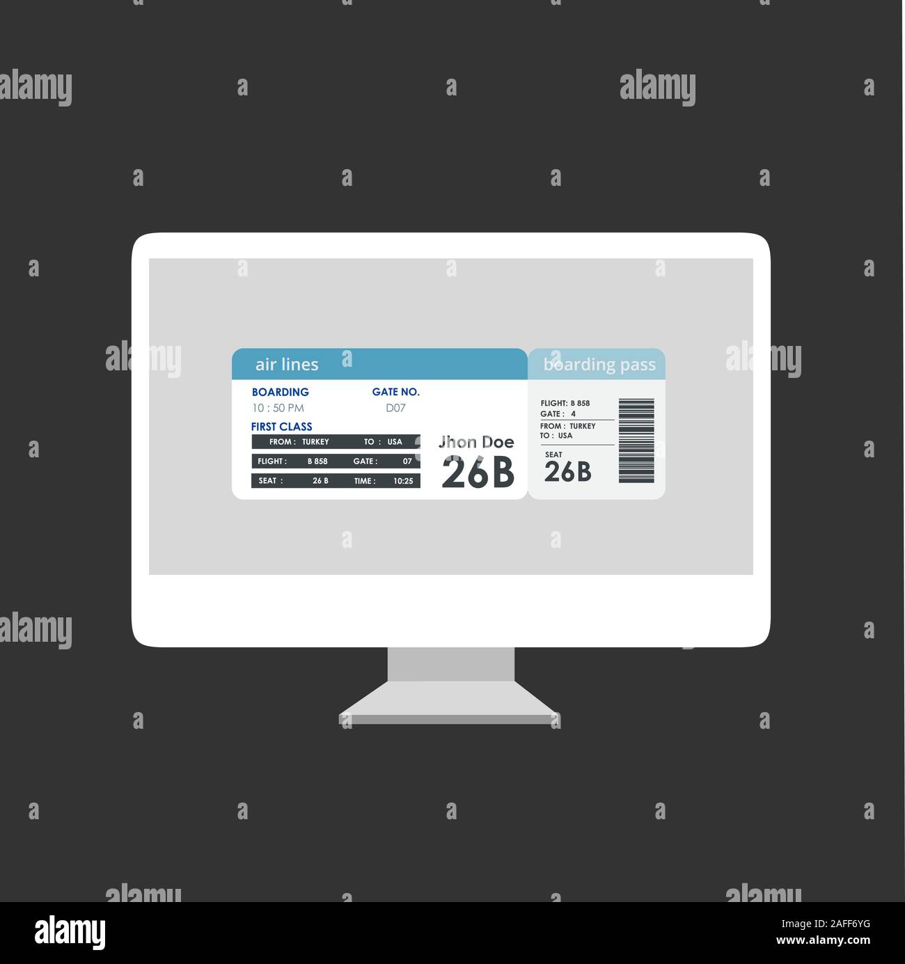 Online check-in with printed boarding pass on monitor screen isolated ...
