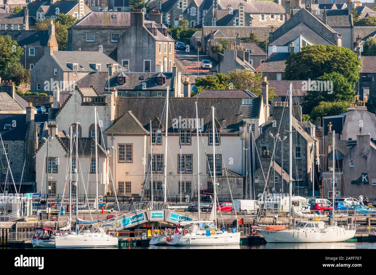 The town and waterfront of Lerwick in Shetland, seen from the sea Stock ...
