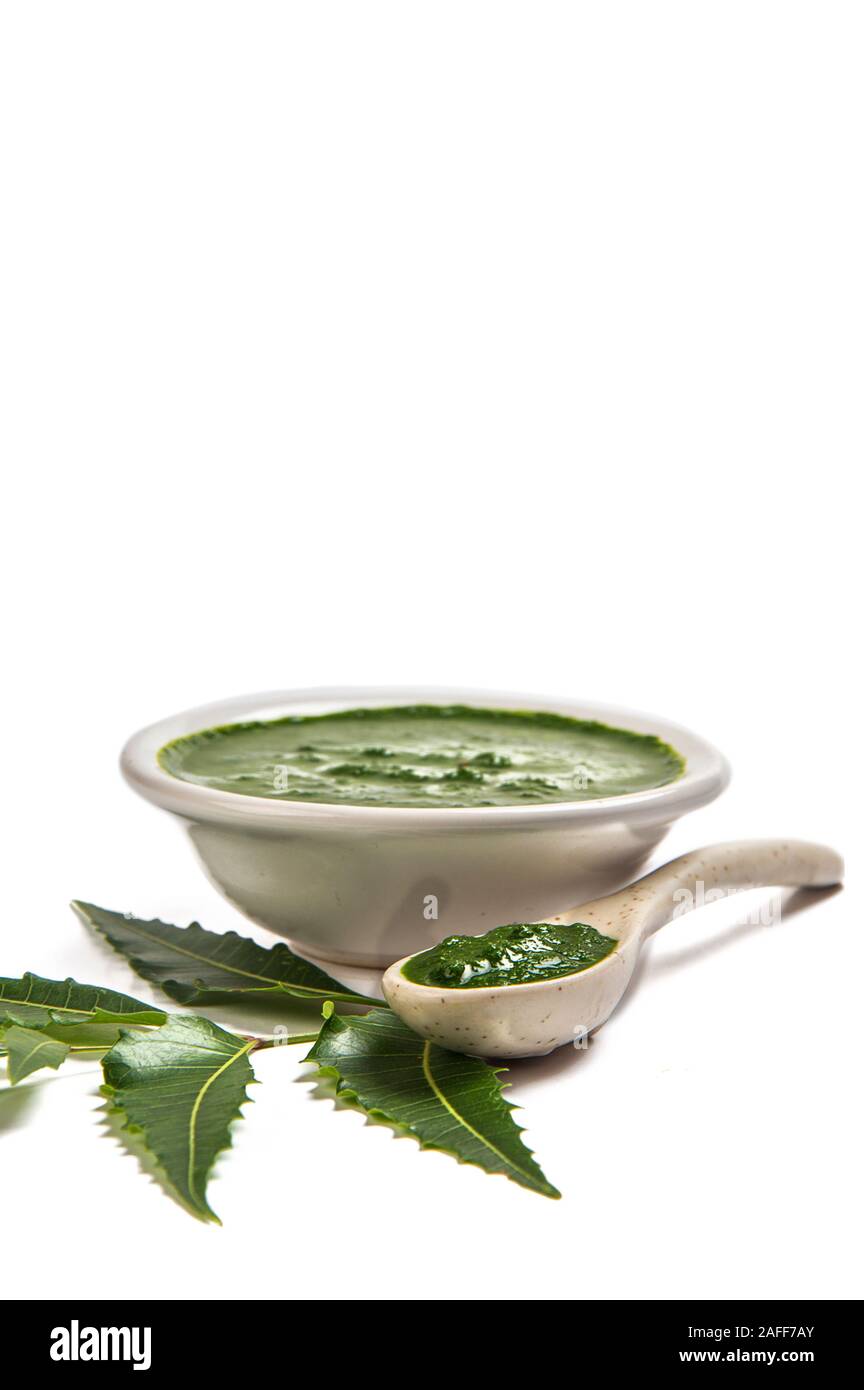 Medicinal Neem leaves with neem paste in spoon and plate on white ...