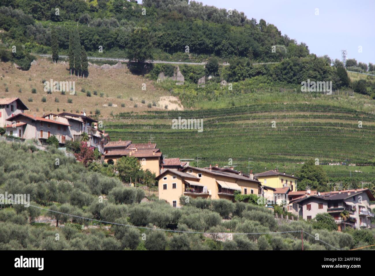 The landscape hills around the small hill village of Varone inTrentino ...
