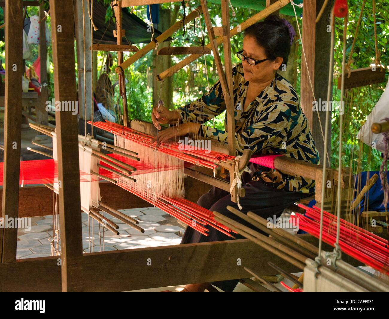 A female weaver producing silk fabric on a traditional hand loom on ...