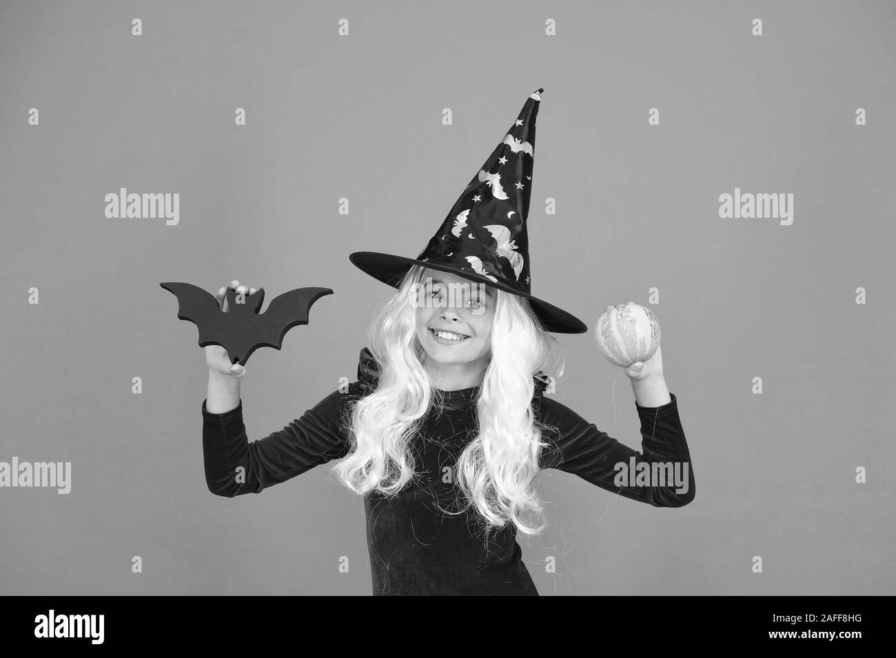 Real witch in disguise. Happy little witch orange background. Small ...