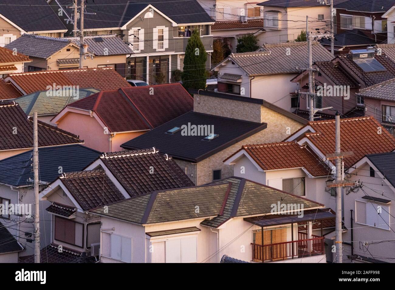 Overhead view of Japanese houses in quiet residential neighborhood ...