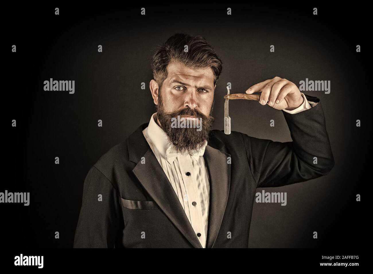 Sharp blade. Grow mustache. Growing and maintaining moustache. Man with ...