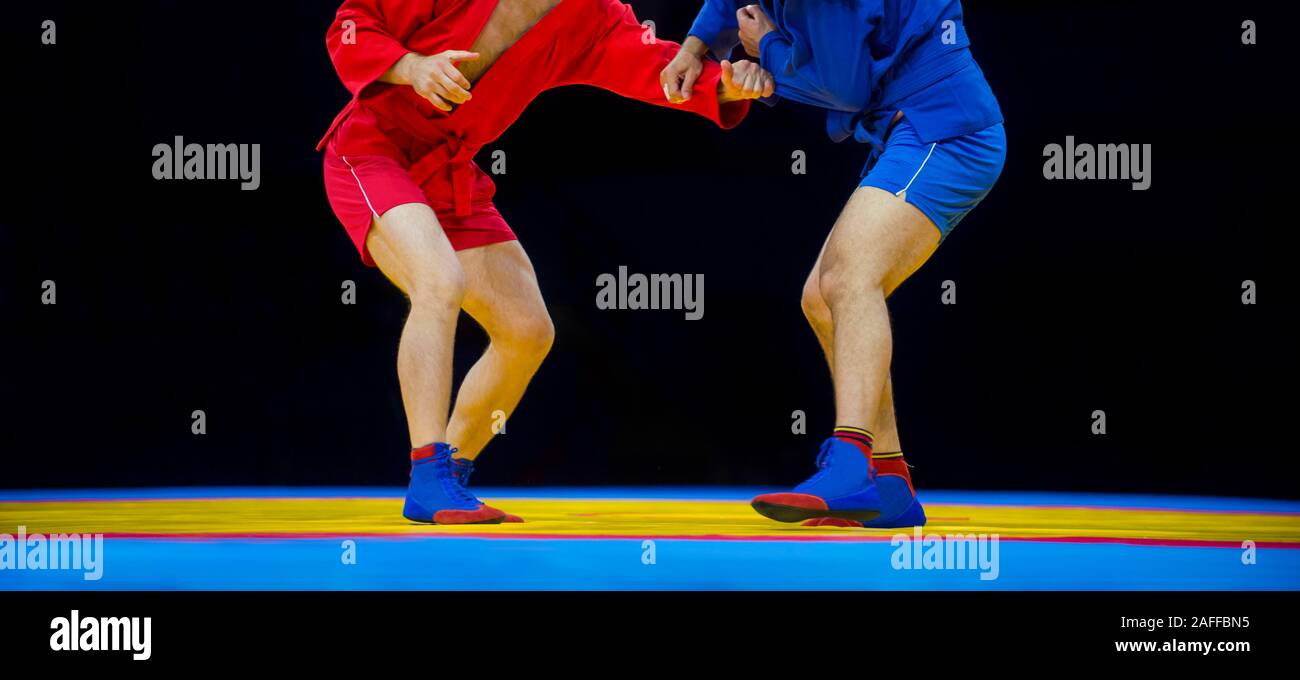 Two men in blue and red sambo wrestling on a yellow wrestling carpet in ...