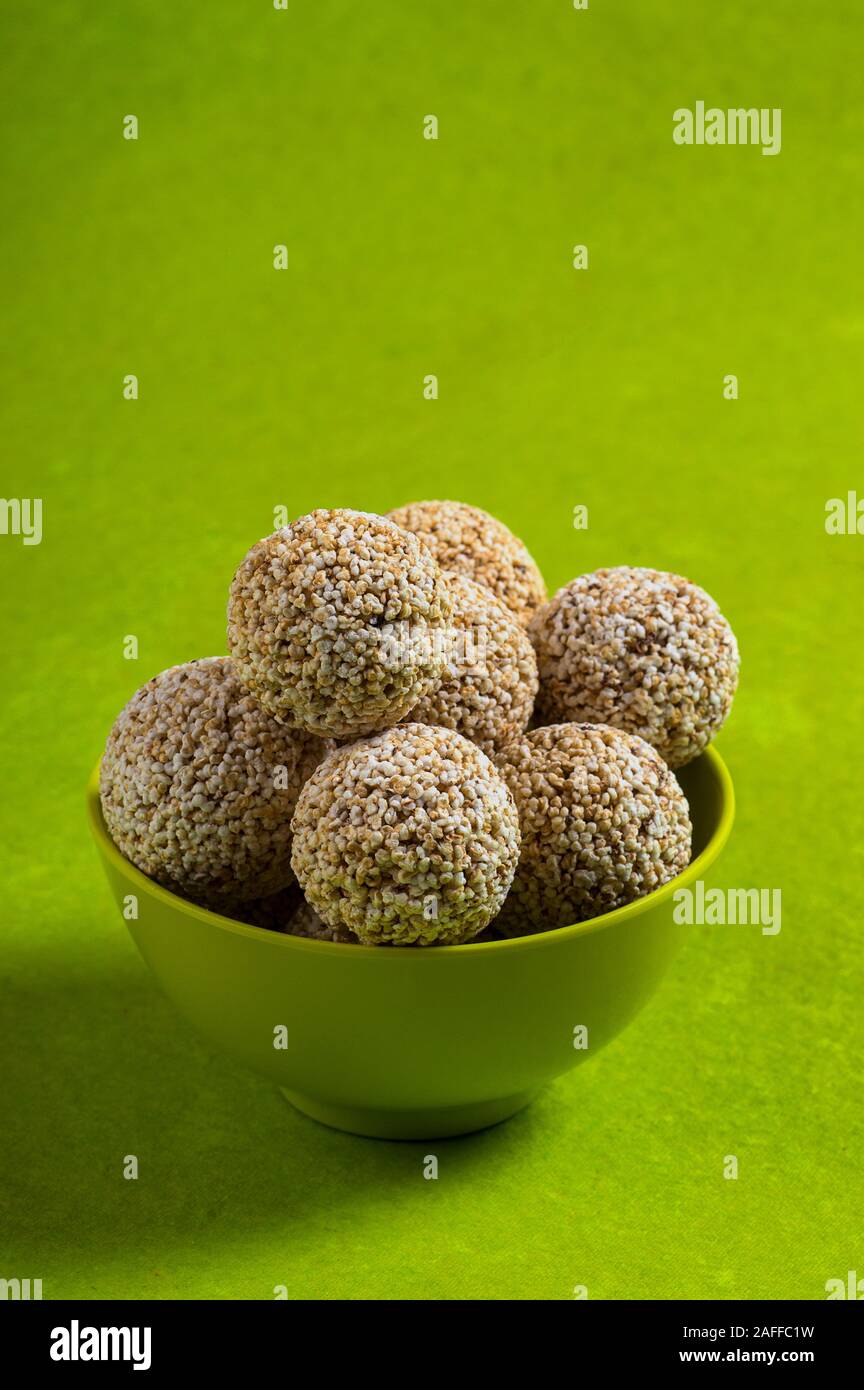 Amaranth or Rajgira laddu, Cholai ke laddo in green Bowl on green ...